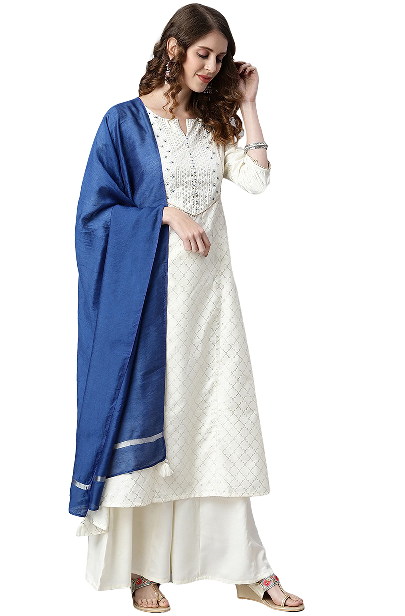 Janasya Indian Women's Off- White Yoke Printed Poly Silk Kurta with Palazzo and Dupatta