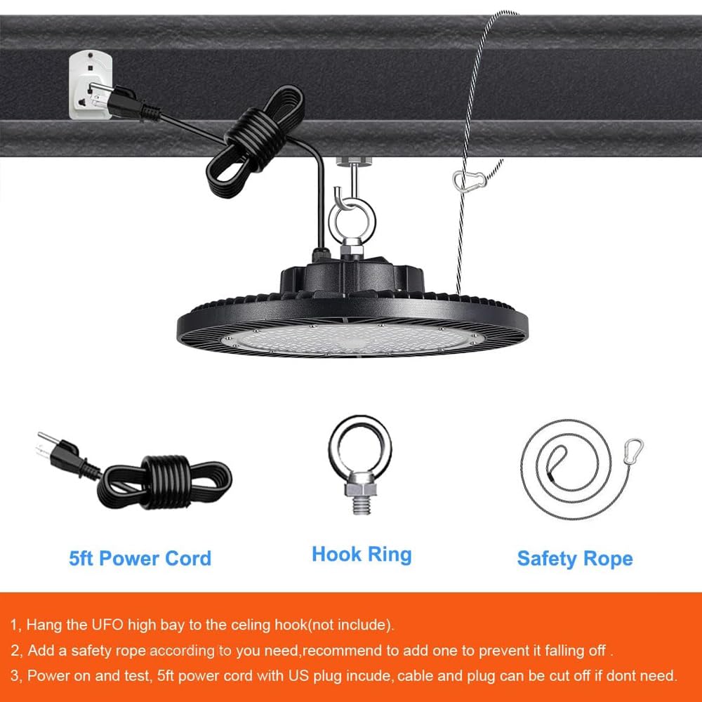 Gugsey LED High Bay Light, 200W 28000lm 5000K High Bay Led Shop Light with Plug 5' Cable and Hook Ring, UFO High Bay Led Lights for Garage Gym Warehouse Workshop