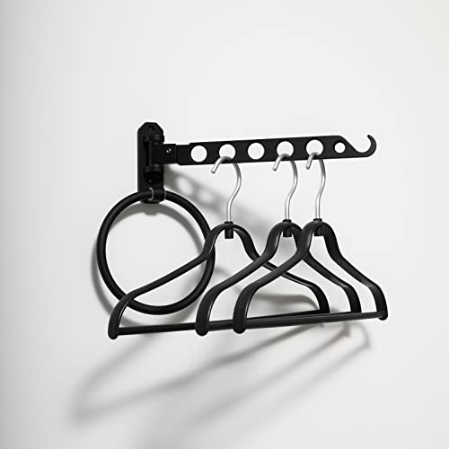 Yooloks Laundry Drying Rack Wall Mounted, Black Folding Clothes Drying Rack Clothes Hanger Rack with Swing Arm and Round Towel Ring, Space Saver for Laundry Room Bathroom Closet Storage Organizer