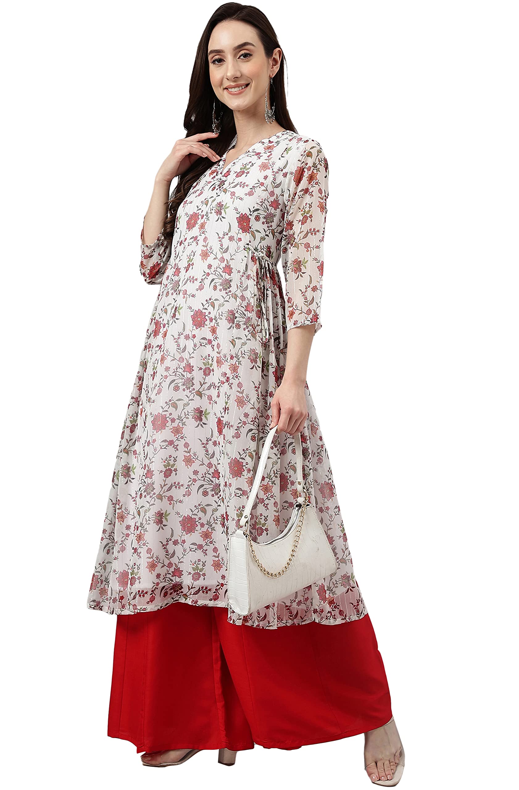 Janasya Indian Women's White Chiffon Lurex Floral Printed flared Kurta