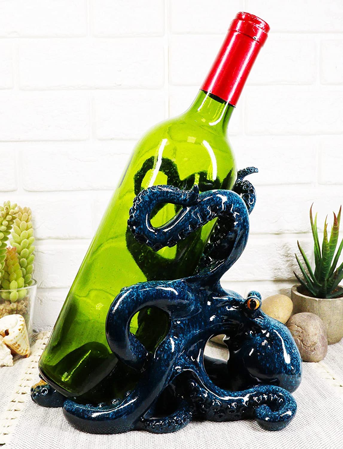 Octopus Wine Holder Figurine Countertop Bar Decor Octopus Sculpture Single Wine Holder (Blue)