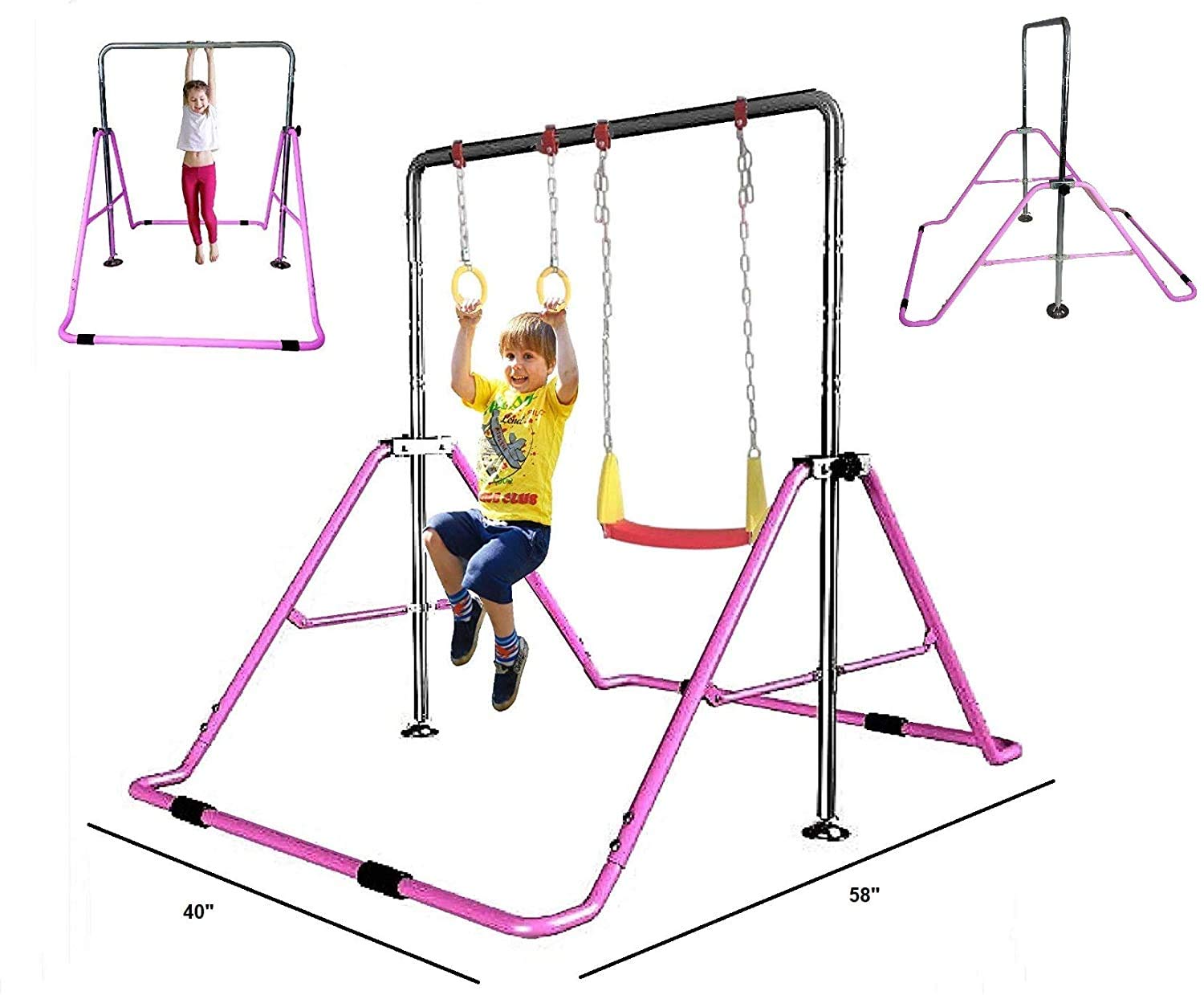 Kids Home Gymnastics Bar Jungle Gym 3 in 1 Set Deluxe Swing Seat, Trapeze Rings, Horizontal Kip Bar Height Adjustable Monkey Bar, Expandable Junior Training Gymnastic Balance Bar, Swing Set (Pink)