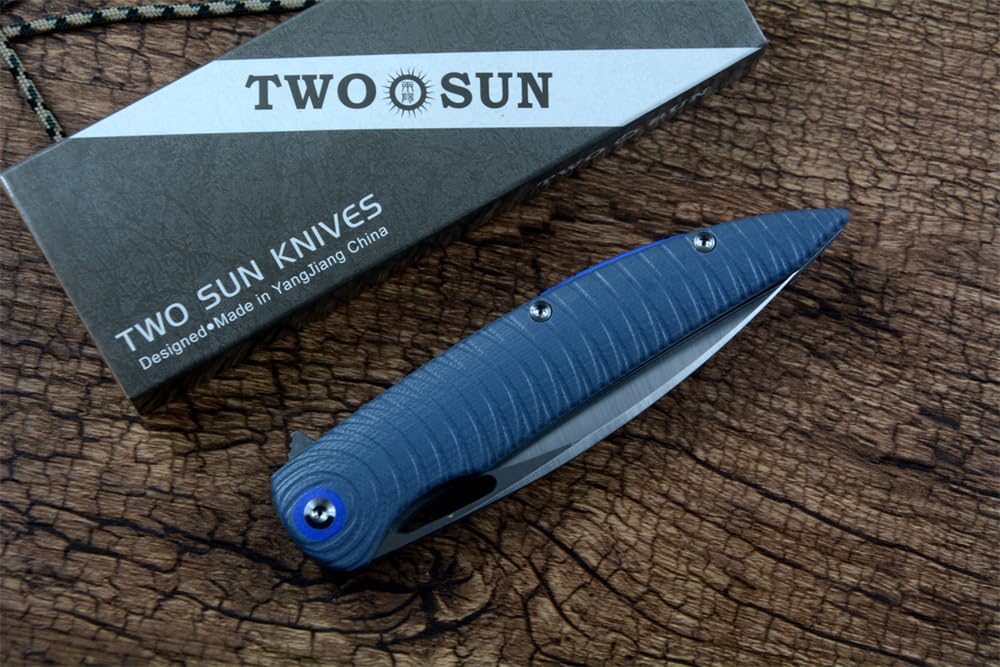 TWO SUN Knives 14C28N Steel Blade Blue G10 Handle TS116 with Pocket Clip
