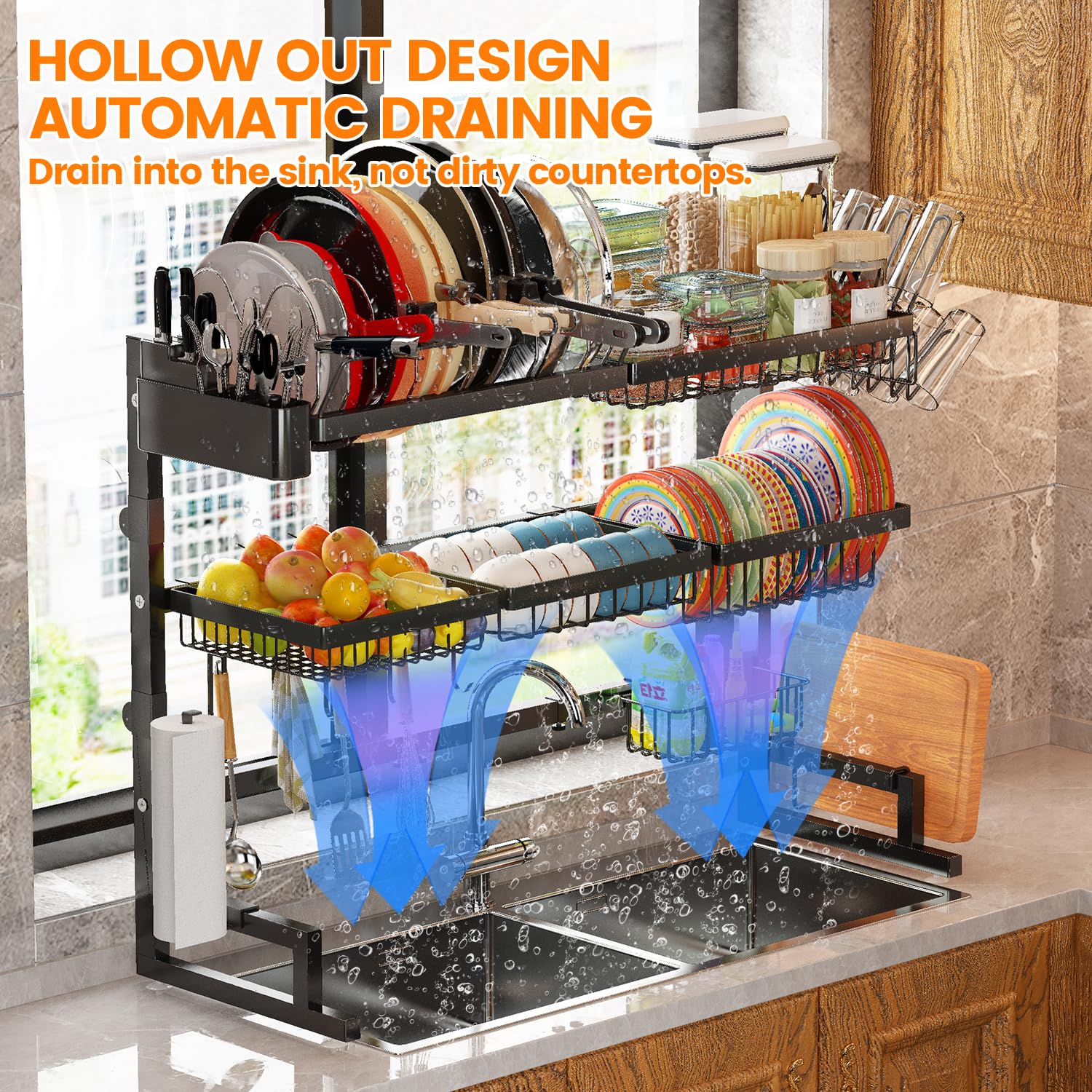 Over Sink Dish Drying Rack (Expandable Height/Length) Snap-On Design Large Dish Drainer Stainless Steel Storage Counter Organizer (31-39.5L x 12W x 34-38H (inches))