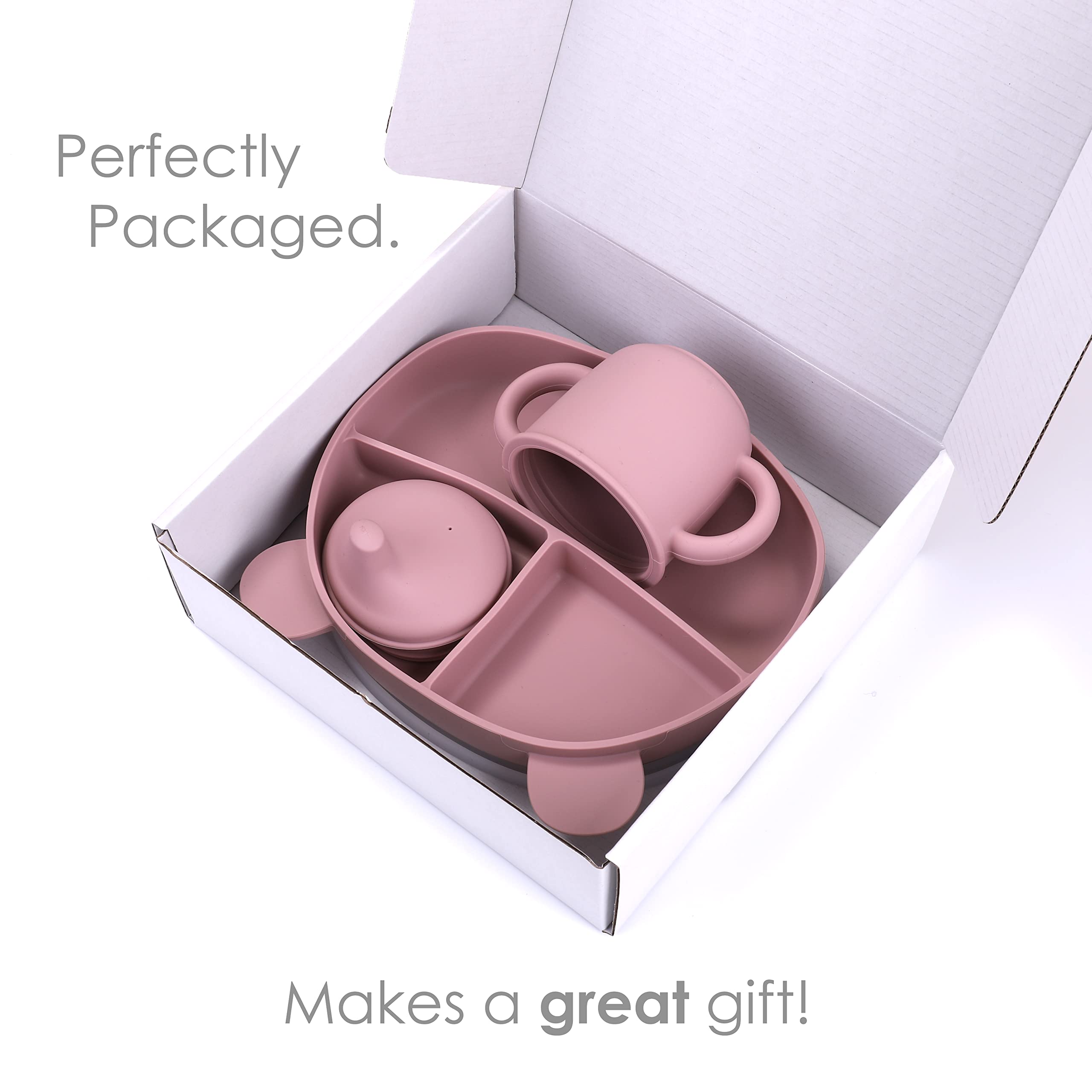 Silicone Baby Feeding Set, 6 Colors, Spill-proof Cup and Suction Plate with Lid, Divided Plate, Sippy Cup with handles for Baby & Toddlers. Leak-proof. (Gray)