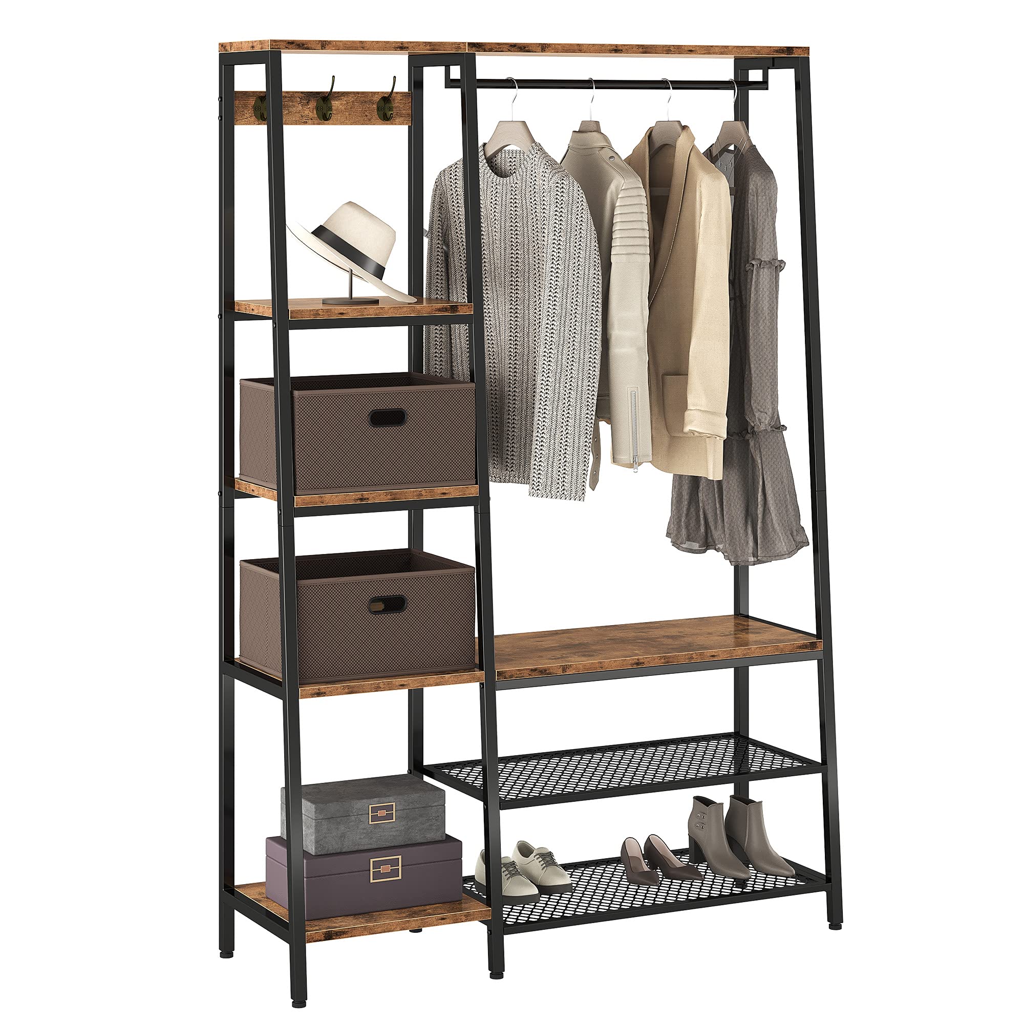 IRONCK Hall Tree with 3 Hooks, Coat Rack Free Standing, Industrial Entryway Organizer with Storage Bench, 5-in-1 Large Size