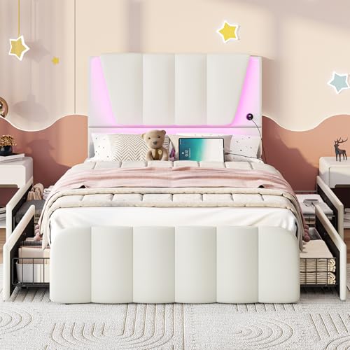 VIAGDO Twin Bed Frames with Storage Drawers and LED Lights, Upholstered Platform Bed Frame Twin Size with Height Adjustable Headboard, 2 USB Ports, No Box Spring Needed, Cream White