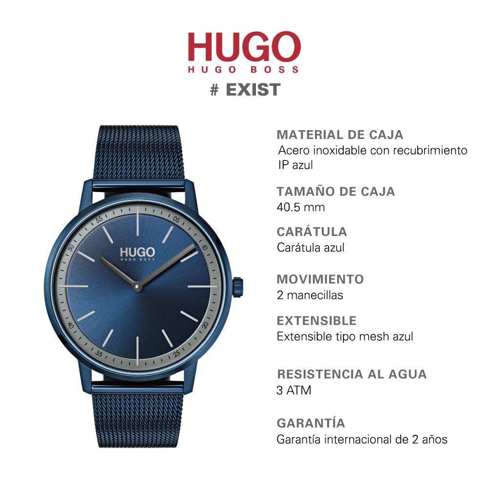HUGO #Exist Unisex Quartz Ionic Plated Blue Steel and Mesh Bracelet Business Watch, Color: Blue (Model: 1520011)
