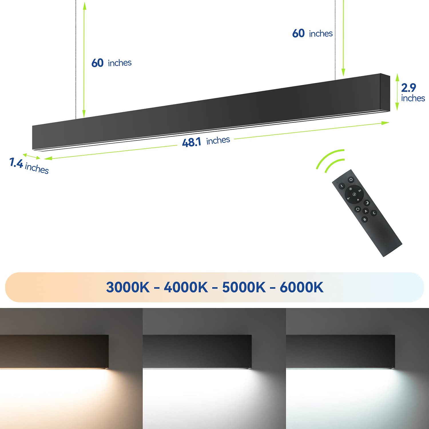 Monios-L LED Linear Pendant Light Fixtures,4FT Dimmable Ceiling/Hanging Kitchen Lights,3000K to 6000k Color Changing,Linkable Modern Lighting for Bedroom/Garage/Gym,Office Lights Remote Control,2 Pack