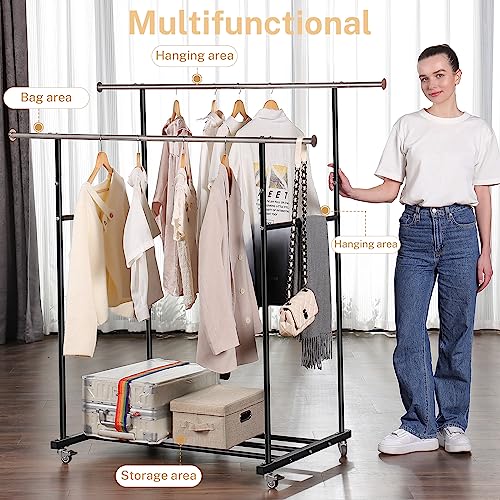 VICERII Double Clothing Rack, Heavy Duty Clothes Rack with Wheels and Extra Wide Bottom Shelf, 52.36ββ Garment Racks for Hanging Clothes, Coats, Shirts, Skirts, Dresses, 130LB Capacity, Black