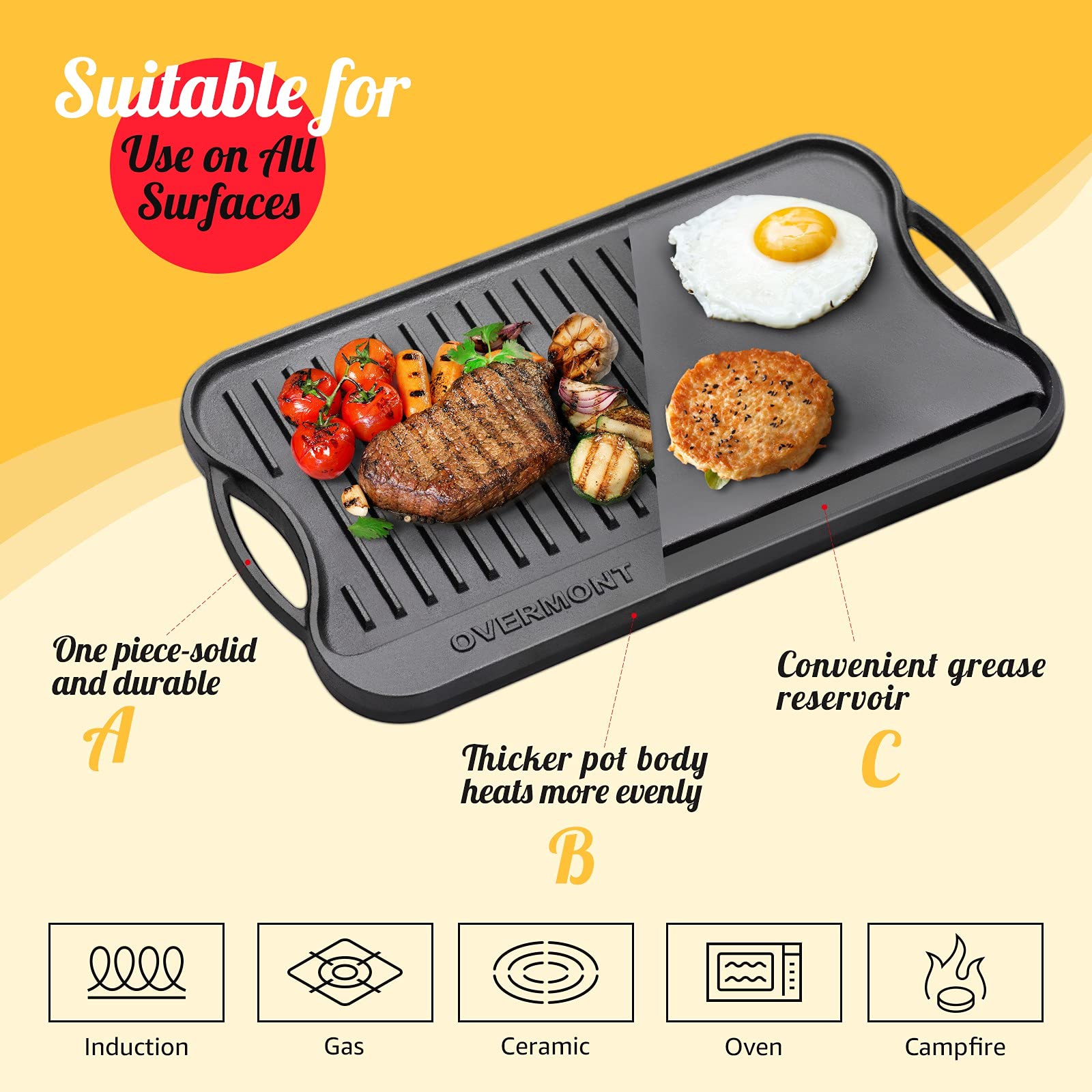 Overmont cast iron griddle + enamel cast iron dutch oven bundle