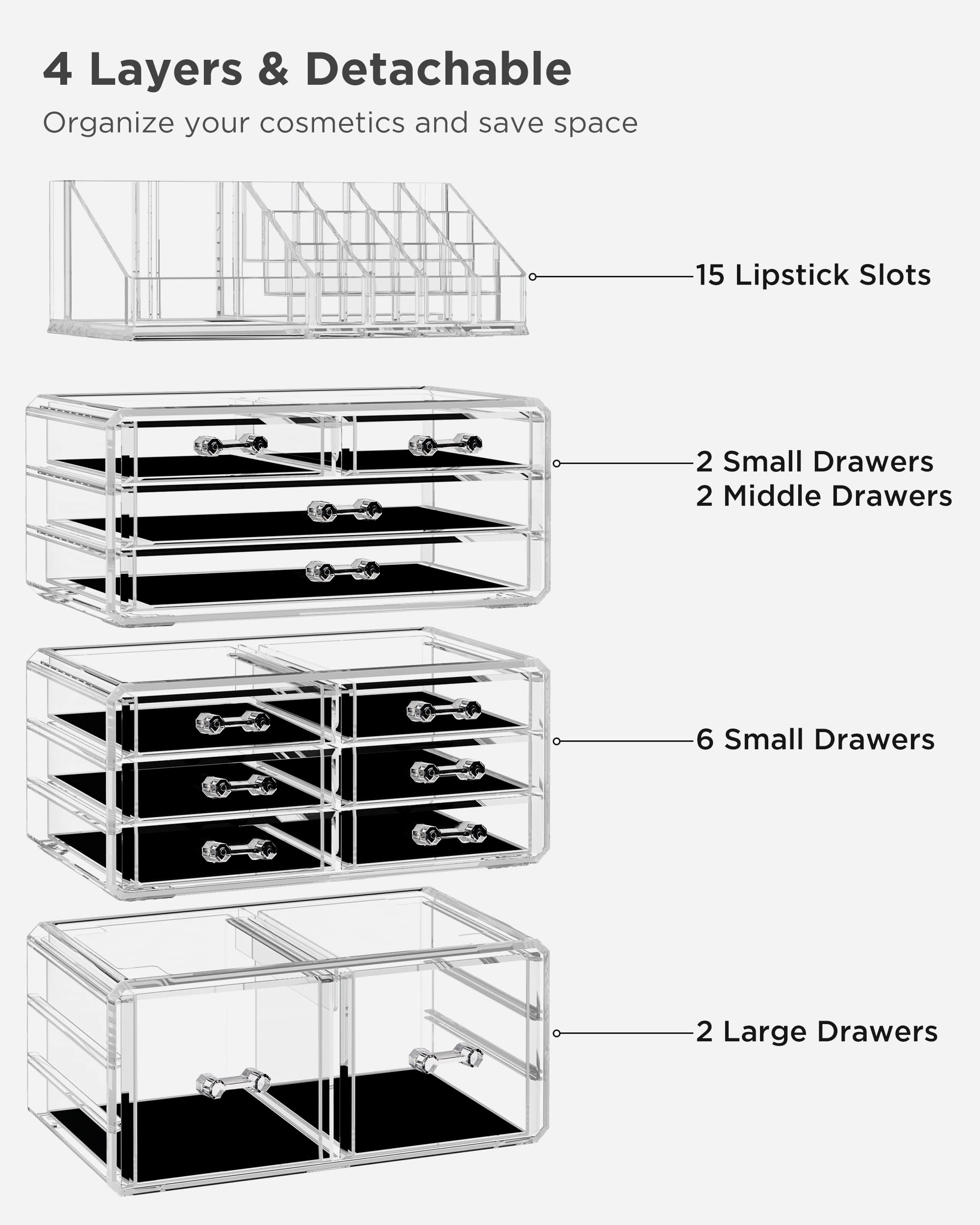 HBlife Acrylic Clear Dustproof Makeup Storage Organizer Drawers Large Skin Care Cosmetic Display Cases for Bathroom Stackable Storage Box with 12 Drawers for Vanity (Clear)