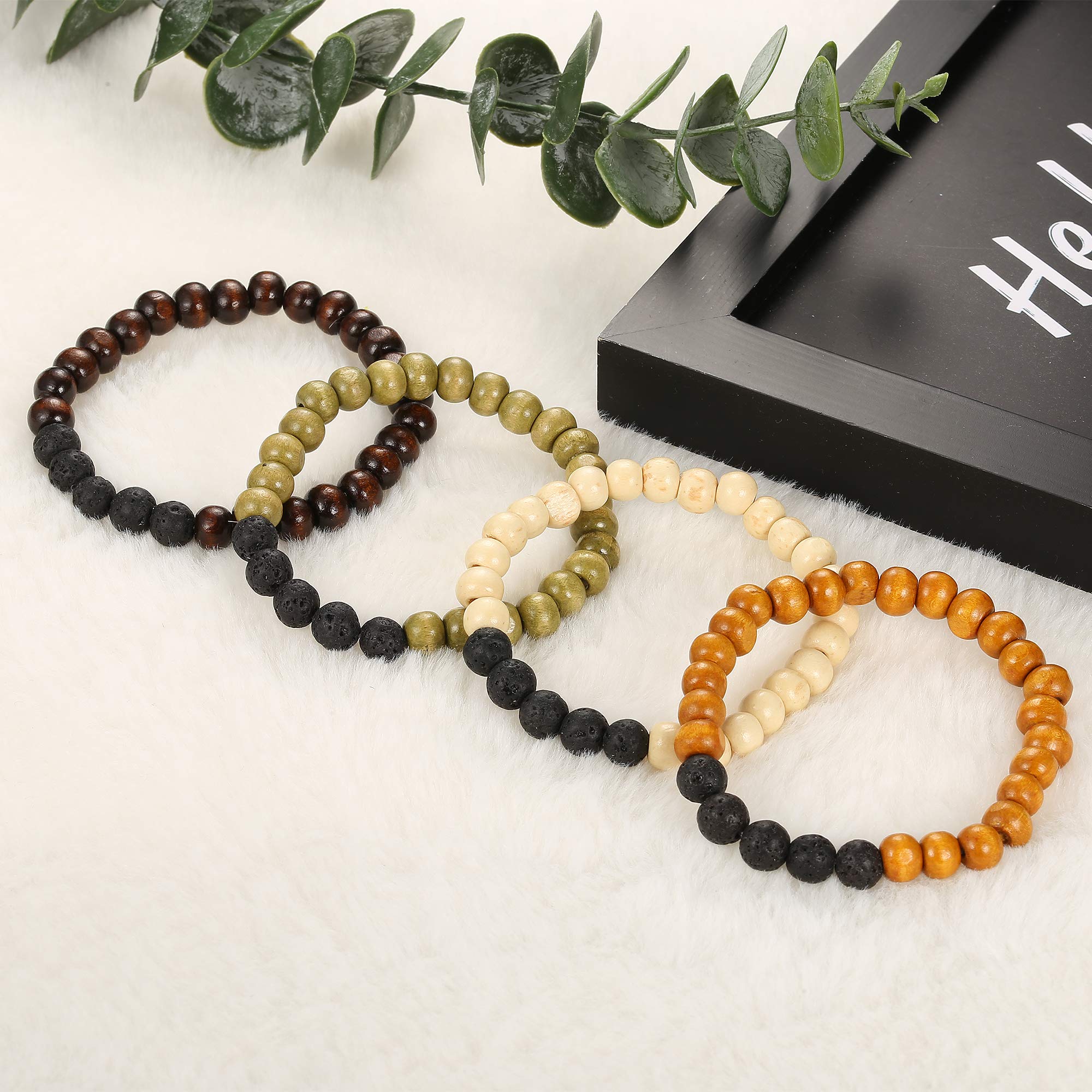 Jstyle 20Pcs Wooden Bead Bracelet for Women Mens Lava Rock Stone Beads Essential Oil Diffuser Beaded Bracelets Bangles Elastic Stretch Bracelet Set
