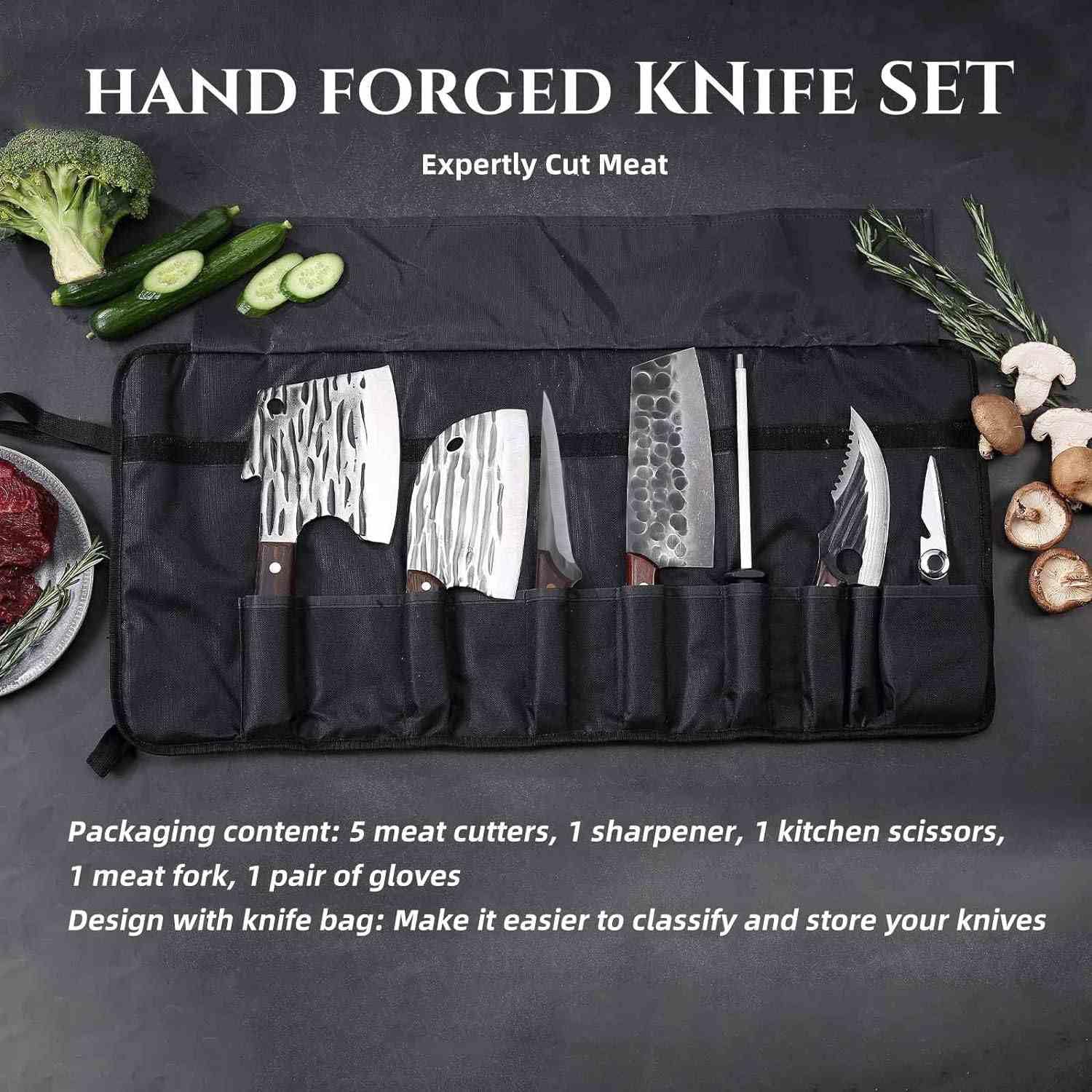 tatakook Butcher Chef Knife Set with Bag,High Carbon Steel Meat Cleaver for Meat Cutting Processing,Hand Forged Boning Carving Knife,Vegetable BBQ Camping Viking Knife