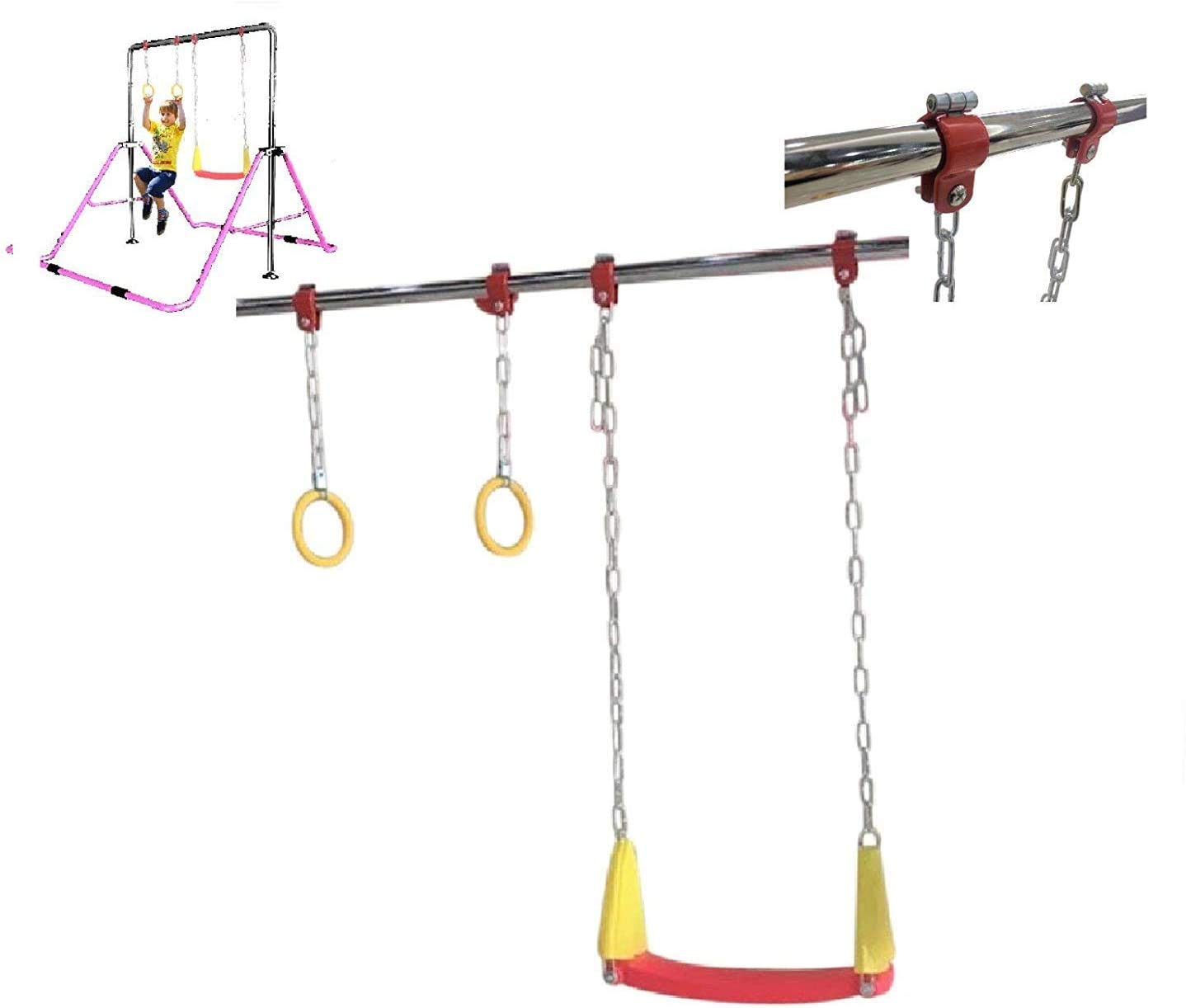 KidsJungle Kids Jungle Gym 3 in 1 Gymnastics Monkey Bar Kip Bar Deluxe Swing Set, Trapeze Rings, Adjustable Horizontal Climb Tower Junior Training Pink