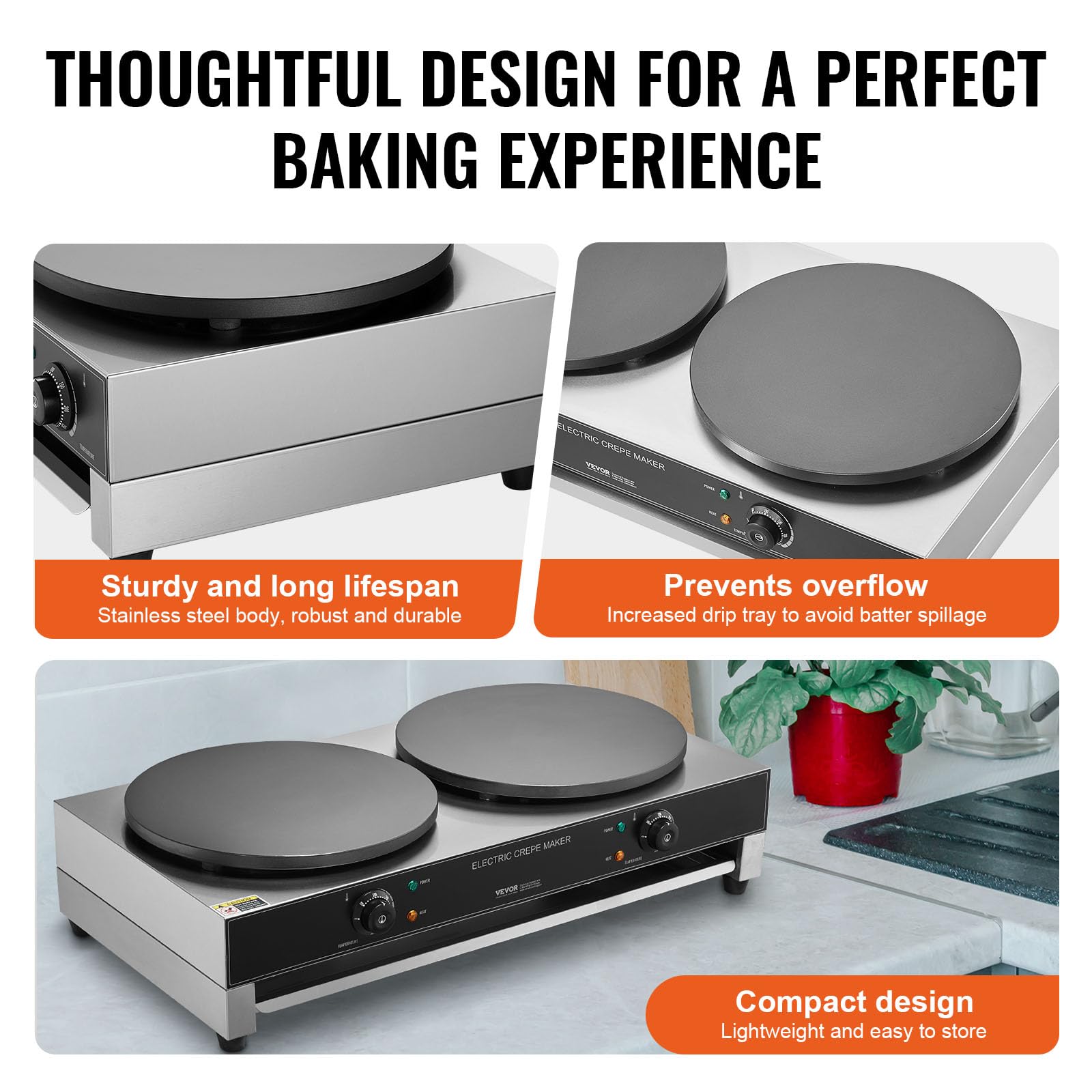 VEVOR Electric Crepe Maker, 16-Inch Double Head Commercial Crepe Machine, 3400W Flat Plate Crepe Griddle, Nonstick Stainless Steel Pancake Making, Desktop Circular Cereals Pancake Stove, Temp Control