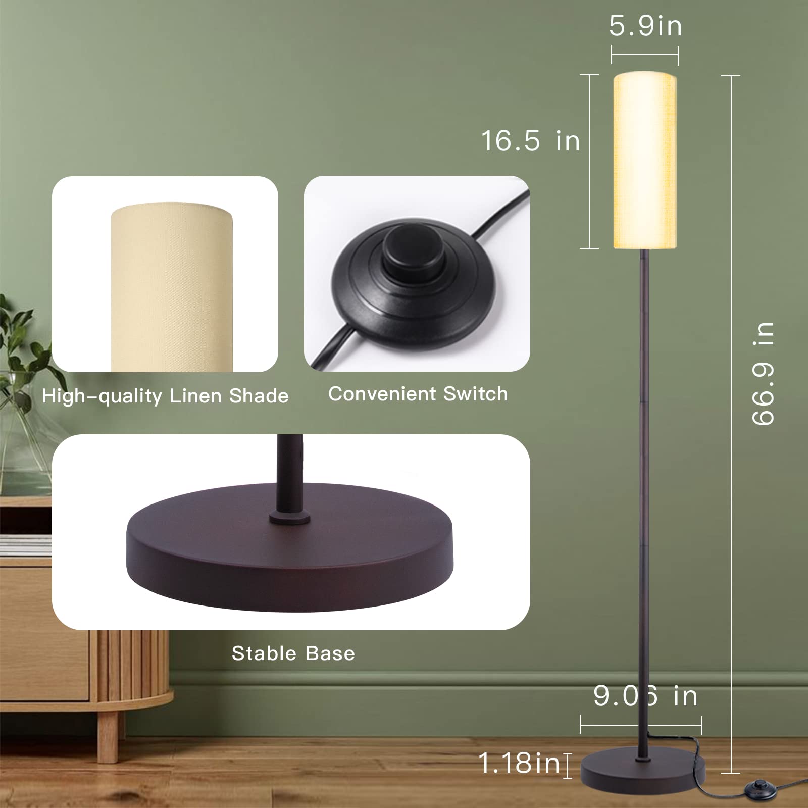 KIKET HOME Floor Lamp, Modern Design Standing Light with Linen Lamp Shade, Tall Lamp for Living Room/Bedroom/Study Room/Office with E26 Lamp Base (3-Color LED Bulb Included), Brown