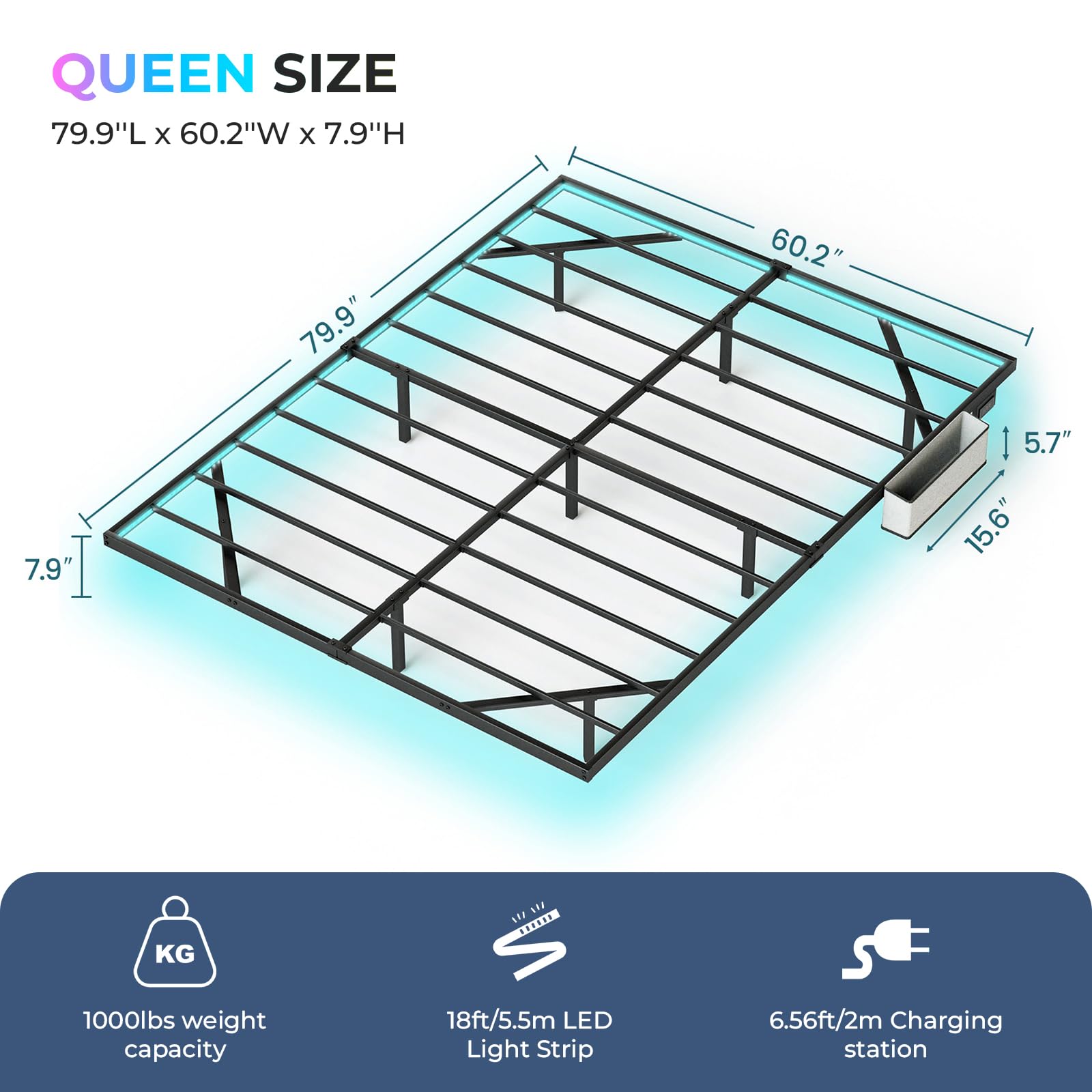 Tatub Queen Floating Bed Frame with Bedside Caddy, LED Floating Bed Frame with Charing Station & 4 Mattress Slide Stopper, Heavy Duty Metal Platform Bed, No Box Spring Needed, Easy to Assemble