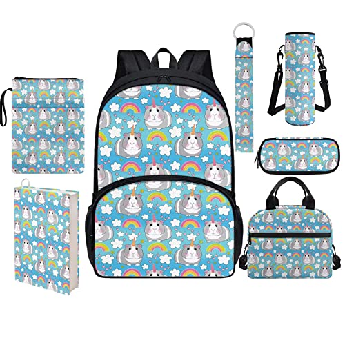 Xpyiqun Guinea Pig School Bag Backpack for Elementary Girls Book Bag with Lunch Box Pencil Case Middle High Schoolbag Cute Book Sleeve Cover Water Bottle Holder Kids Boy Back to School Daypack