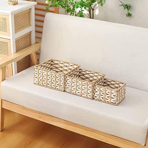 Storage Baskets Set 3 -Stackable Woven Basket Paper Rope Organizing Baskets Set Handmade Decorative Home Storage Bin for Makeup/Closet/Bathroom/Bedroom (off white)