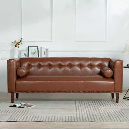 wirrytor Mid-Century Faux Leather 3 Seater Sofa, Modern Upholstered Tufted Leather Sofa Couch Furniture with 2 Bolster Pillows for Living Room Bedroom Office Apartment, Brown