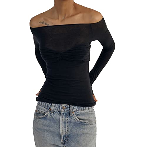 Women's Sexy Crop Top Long Sleeve Off Shoulder Going Out Tops Slim Fit Mesh Ruched Twisted Blouse Y2K T Shirt