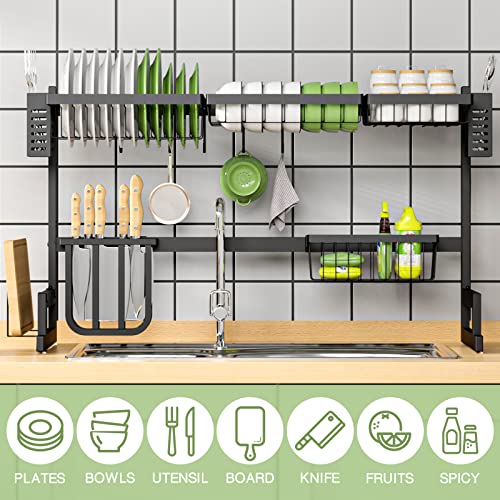 TOOLF Over Sink Dish Dying Rack, Large Capacity Dish Rack, 2-Tier Dish Drainer, Sink Organize Stand Shelf with Utensil Holder&Hooks, Kitchen Counter Supplies Storage for Plates Bowls Pots, Black