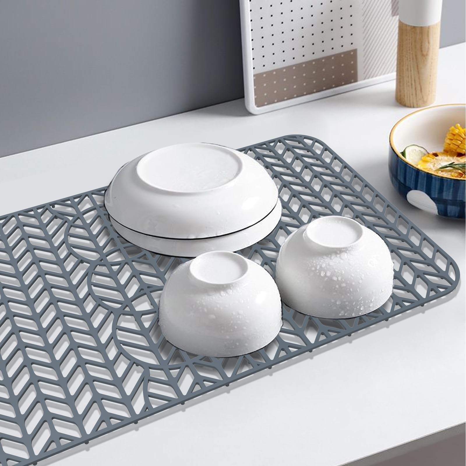 GUUKIN Sink Protectors for Kitchen Sink - 29"x 15.35" Silicone Kitchen Sink Mat Grid for Bottom of Farmhouse Stainless Steel Porcelain Sink with 3 Reserved Holes(Grey)