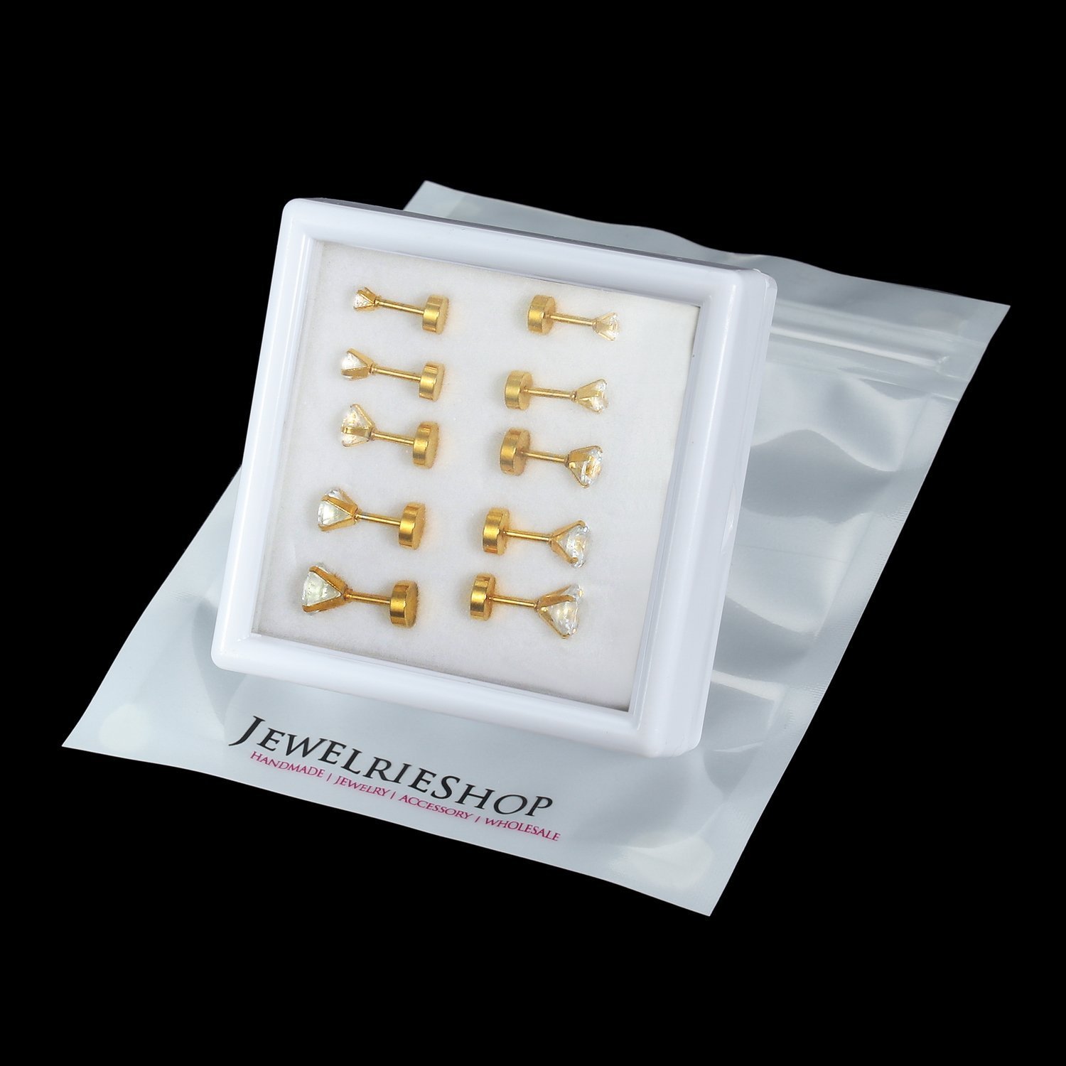 JewelrieShop Cartilage Tragus Earring Stainless Steel Stud Piercing Earring Flat Back Earrings Stud Flatback Screw Back Earrings for Women Men (16G, 6mm Bar Length, 3mm-7mm CZ, 5 Pairs)