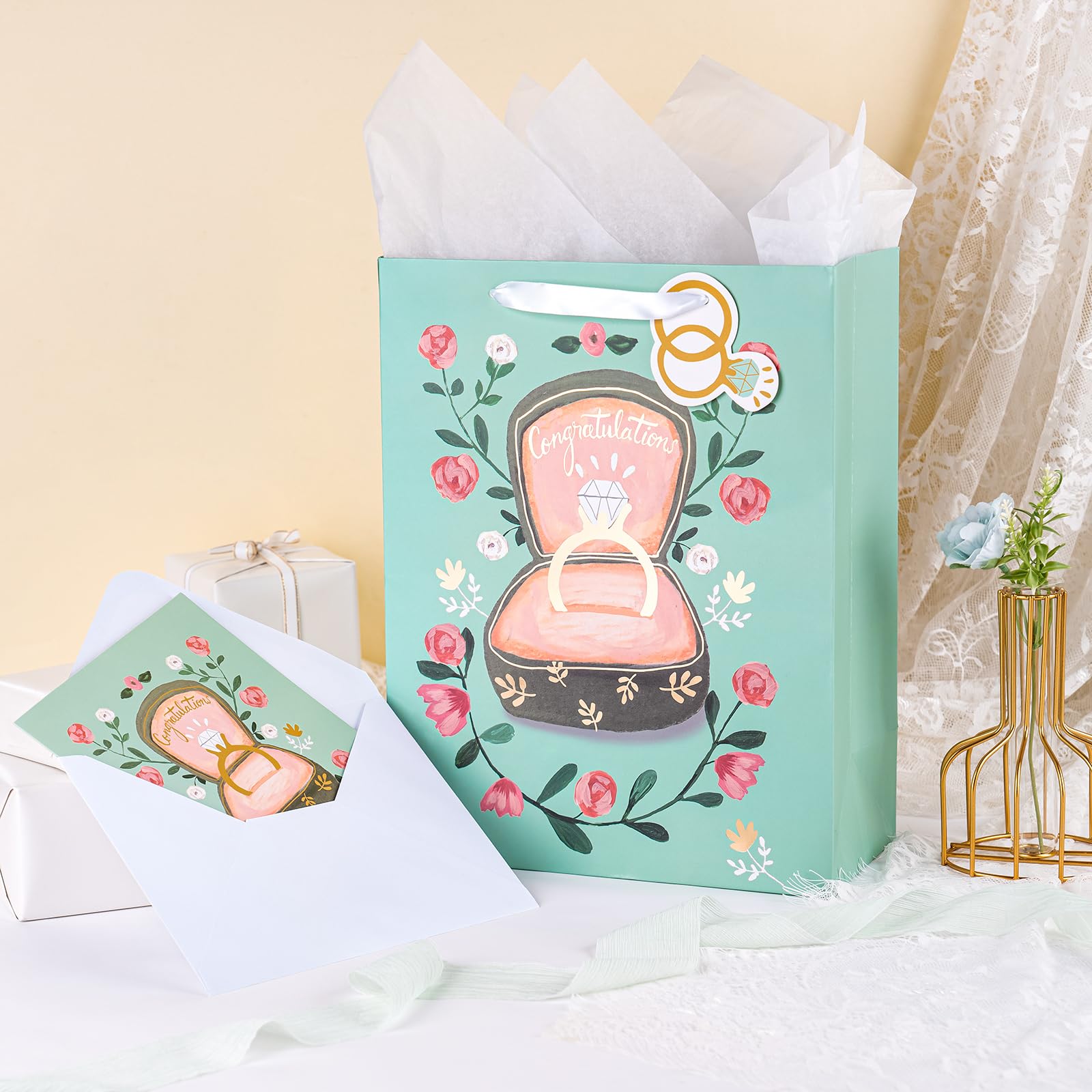 WRAPAHOLIC 13" Large Gift Bags with Card and Tissue Paper - Diamond Ring Design for Weddings, Engagements, Bridal Showers, Gift Wrap