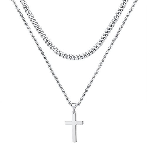 Yooblue Cross Necklace for Men, Mens Necklace Silver Layered Rope Chain Cross Pendant Simple Necklace Jewelry Dainty Cross Chain Necklace for Men Women 18 20 Inch Mens Gifts Chains for Men