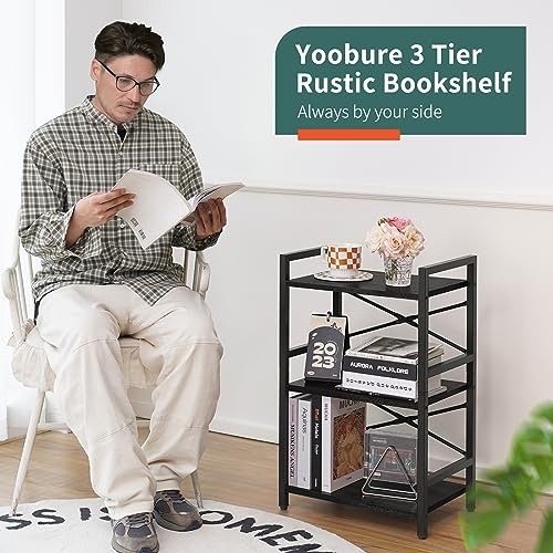Yoobure Bookshelf Small Book Shelf, Solid Industrial 3 Tier Shelf Bookcase, Short Book Case for Bedroom, Living Room, Office Home, Small Spaces, Easy Assembly Black
