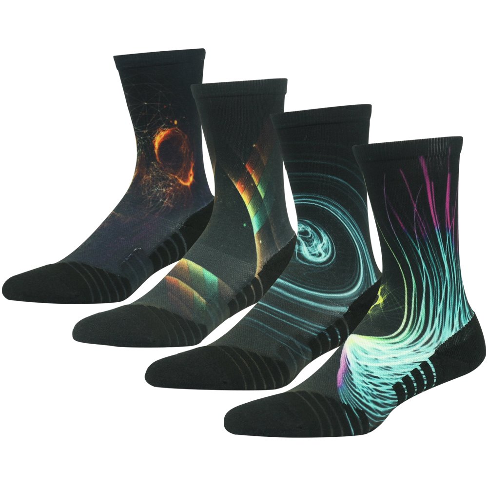 HUSO Galaxy Print Comfortable Moisture Wicking Dress Atheletic Mid Calf Hiking Socks 4 Pairs for Men Women (Multicolor, L/XL)