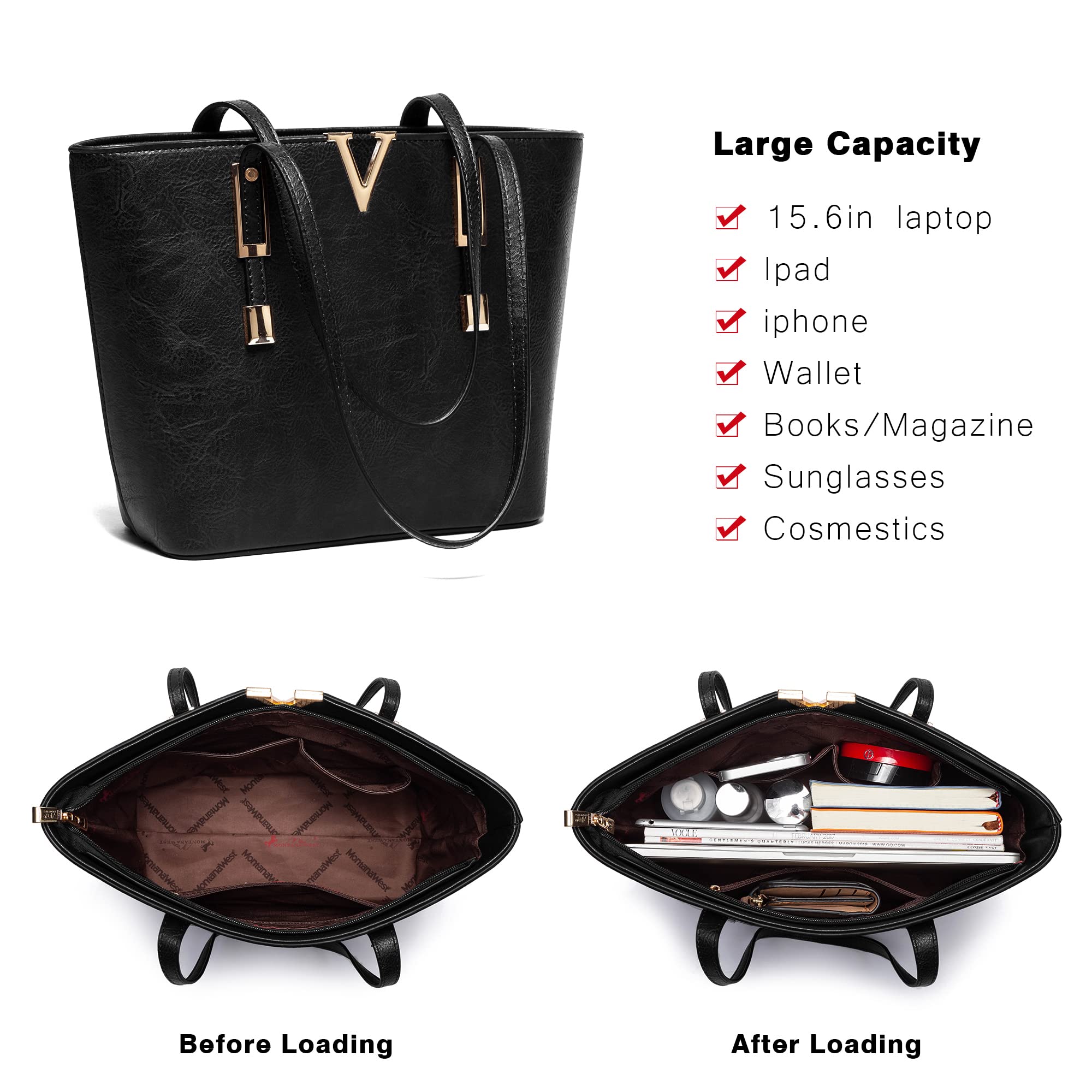 Montana West Tote Handbag for Women Vegan Leather Shoulder Bag Large and Medium 2PCS Purses Set MWC2-034BK