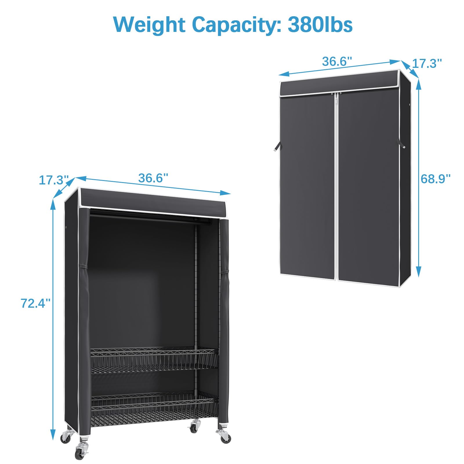 VIPEK R2C Plus Rolling Garment Rack with Cover and Wheel, Heavy Duty Rolling Clothes Rack with Cover, Covered Clothes rack For Hanging Clothes Black Metal Rolling Clothing Rack with Basket Black Cover