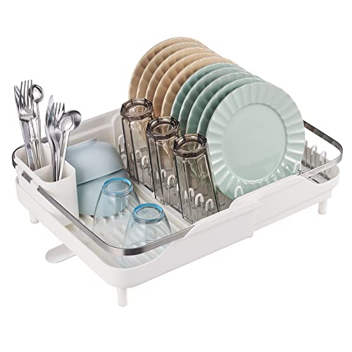VEVOR Dish Drying Rack, Expandable (11.6"-18.5") Stainless Steel Dish Drainer with Drainboard, Large Capacity Storage Space Saver, Single Tier Cup and Utensil Holder for Kitchen Counter Over The Sink