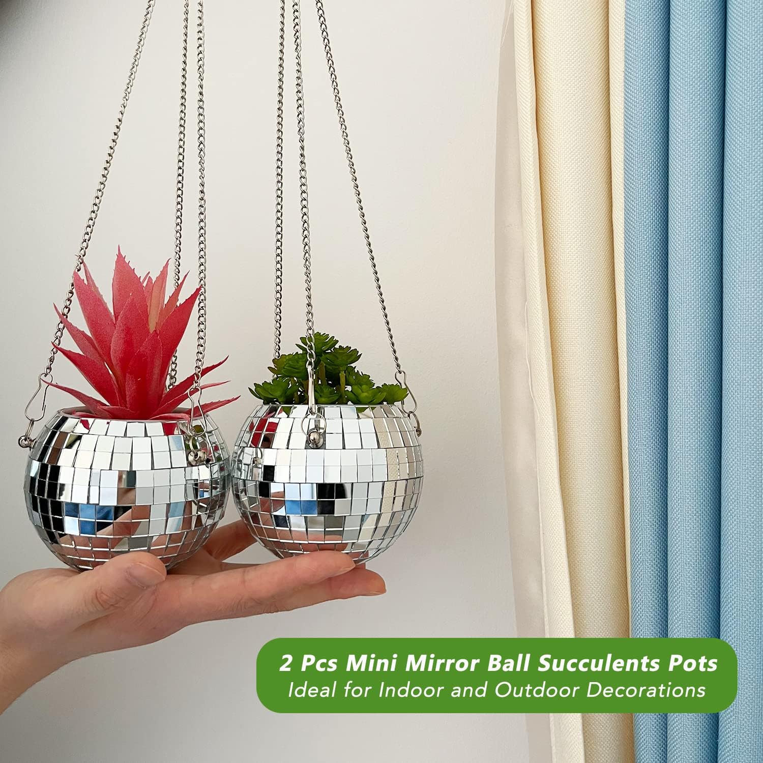 ORIKASO 2 Pcs 4" Disco Ball Planter with Chain - Mirror Ball Flower Succulents Pots - Home Boho Hanging Planter - Ideal for Indoor and Outdoor Decorations