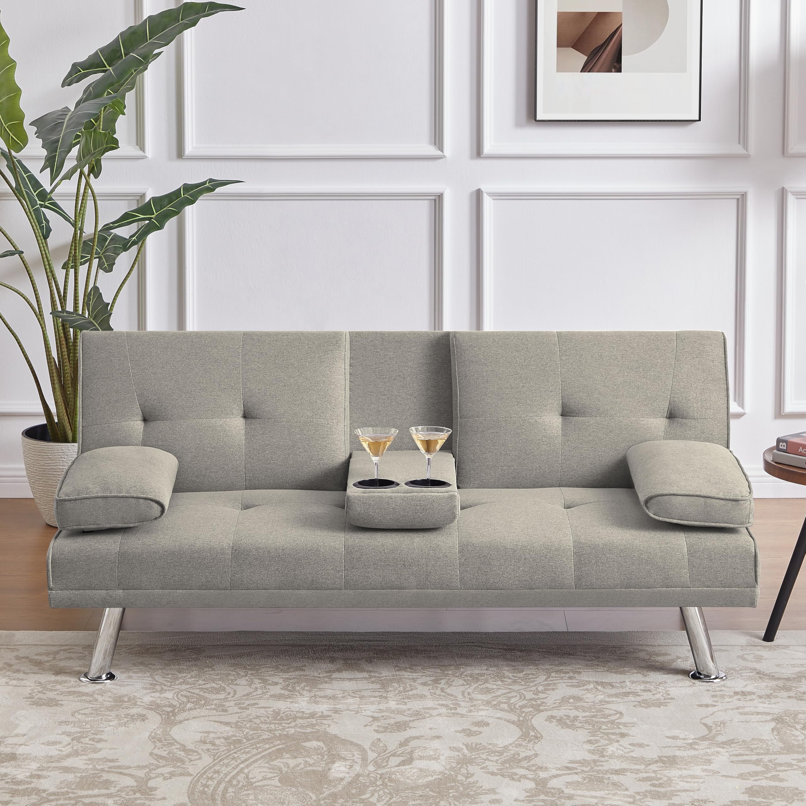 VIPKOE Folding Futon Linen Couch Sleeper Adjustable Sofa Bed for Living Room Stainless Steel Frame and Feet with 2 Cup Holders,Removable Armrests (Light Gray)