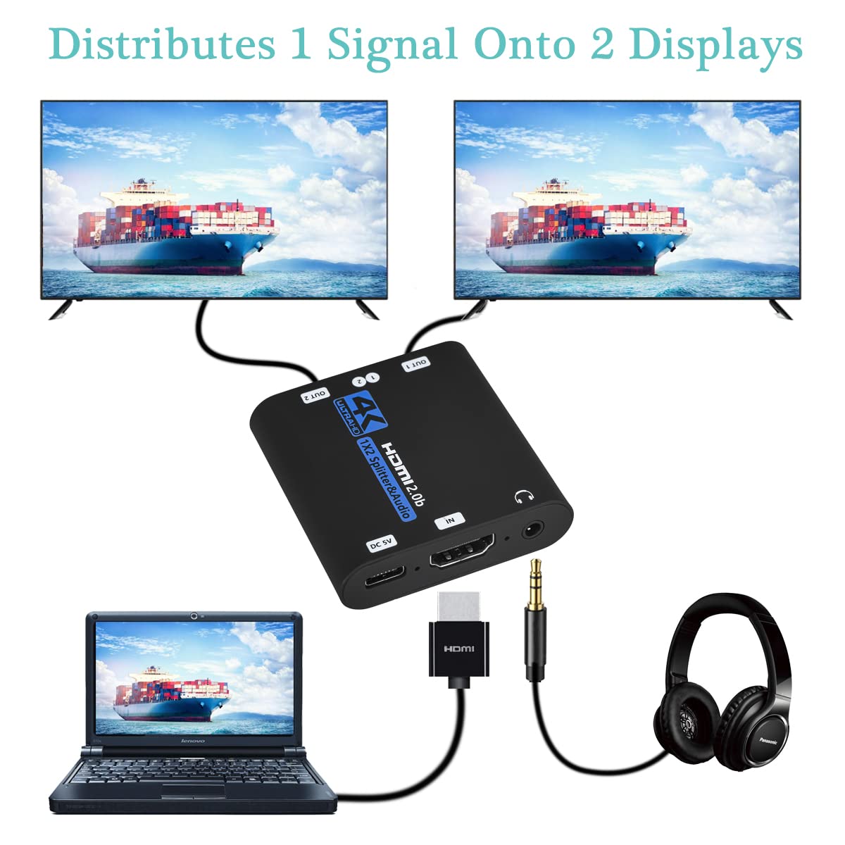 HDMI Splitter 1x2 with Audio Extractor, 1 in 2 Out Audio Video Distributor Box, HDMI 2.0b, HDCP 2.2, HDR, Support 4K@60Hz Ultra HD 3D for PS4, Xbox, STB, Blu-ray DVD Players Etc (Blue)