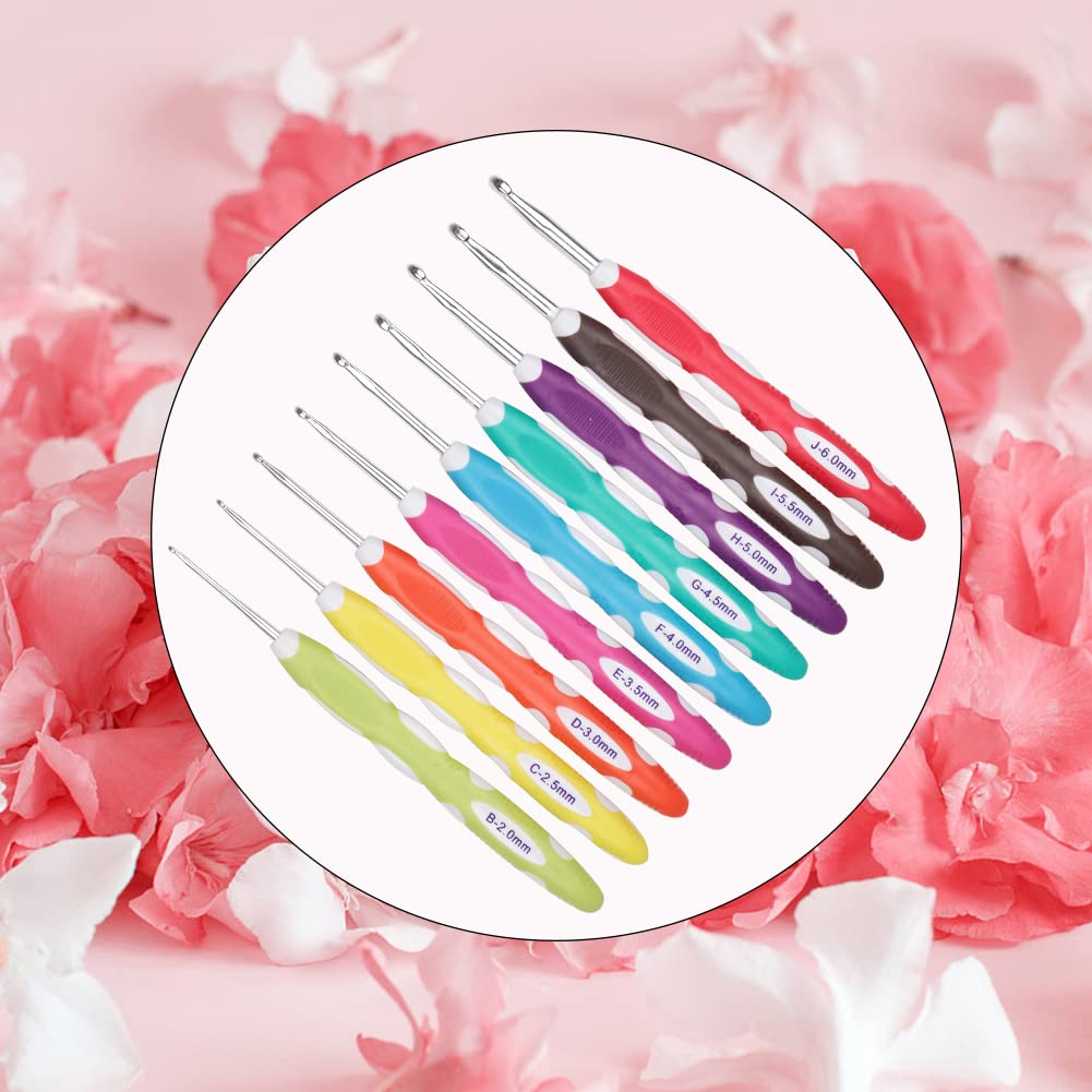 Katech 9 pcs Different Sizes Crochet Hooks (2.0mm - 6.0mm) Ergonomic Non-Slip Handle Crochet Needles Set Kit DIY Craft Yarn Weaving Tool for Beginners and Crochet Lovers to Make Bag, Socks and Hats