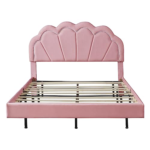 Upholstered Smart LED Bed Frame with Elegant Flowers Headboard,Floating Velvet Platform LED Bed with Wooden Slats Supportfor Bedroom, No Box Spring Needed (Pink, Full)