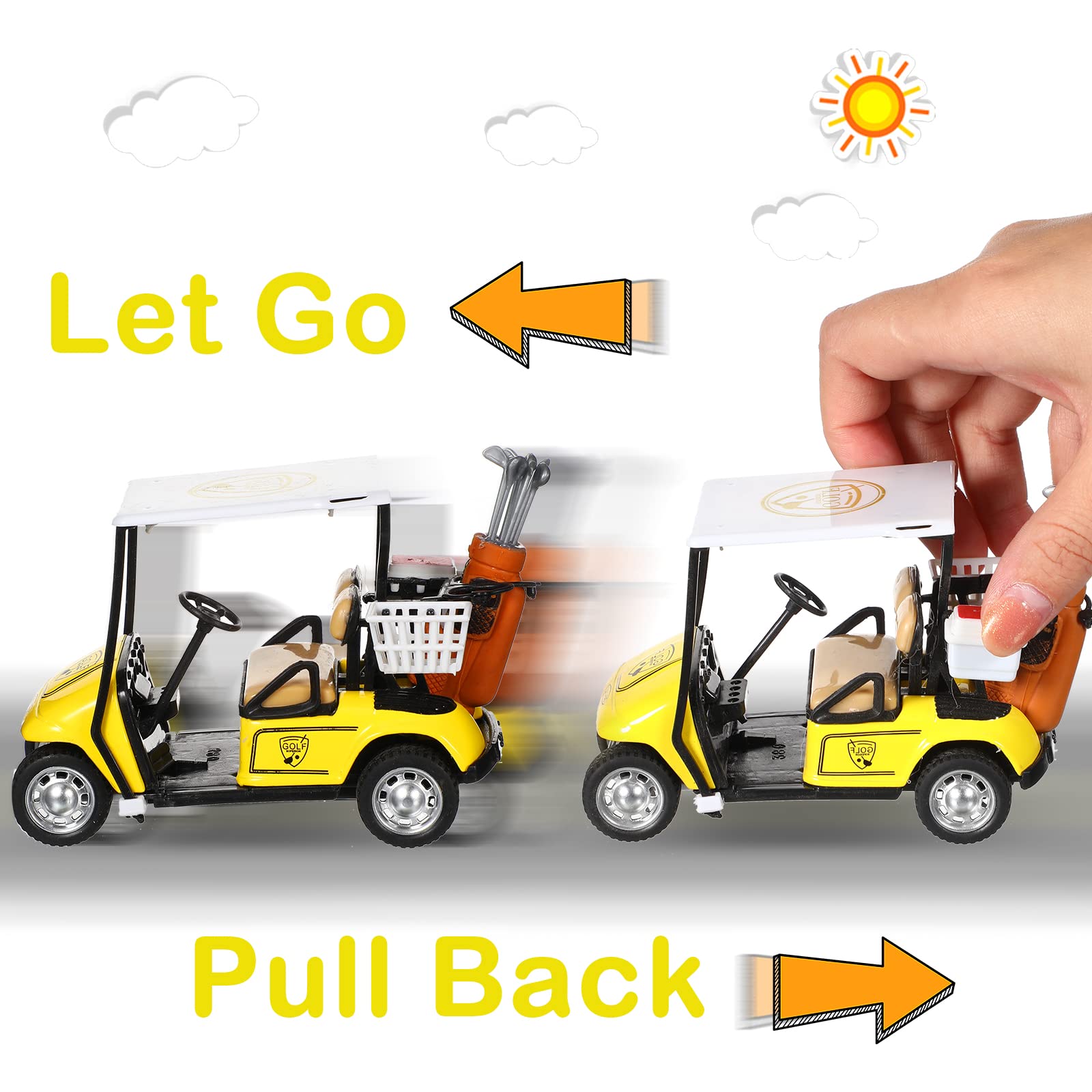 Mini Golf Cart Model Toy Metal Pull Back Action Cart 1:36 Scale Golfcart Pullback Vehicle for Boys Girls Toys Dollhouse Cake Toppers Decor, 3.9 Inch (4 Pcs)