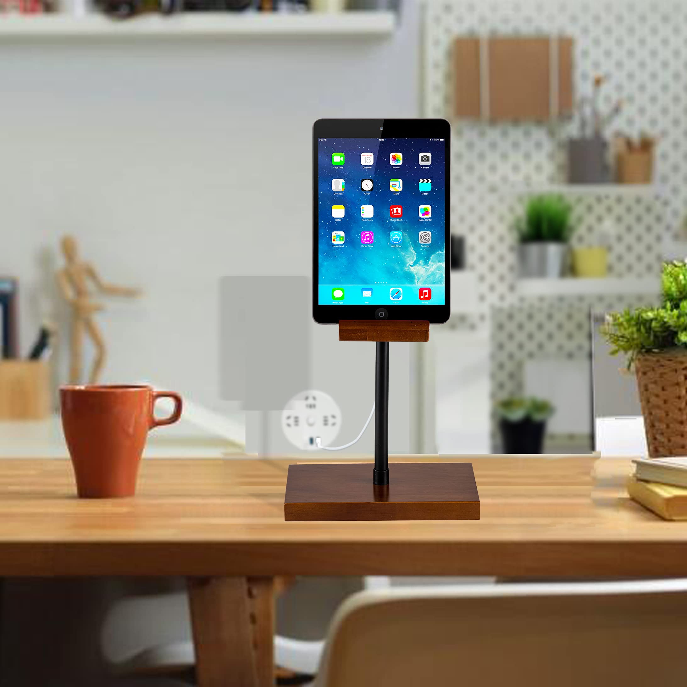 Shevvi Wood Tablet Stand, Cell Phone Stand Holder with Height Adjustable 360 Degree Rotation, Walnut Wood Charging Dock for Desk, Compatible with iPad iPhone Kindle Reader Bigger Sized Tablets