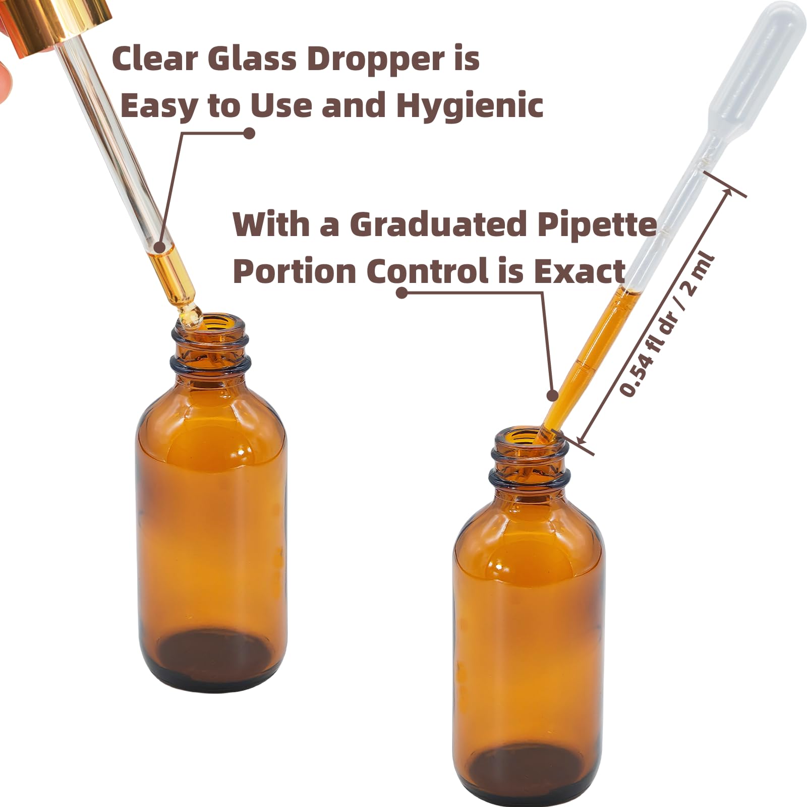 Zkupanx 4 PACK 2 oz Amber Glass Dropper Bottle, Golden Cap 60 ml Dropper Bottles, Tincture Bottle for Essential Oils, Liquids - Leakproof Travel Bottles