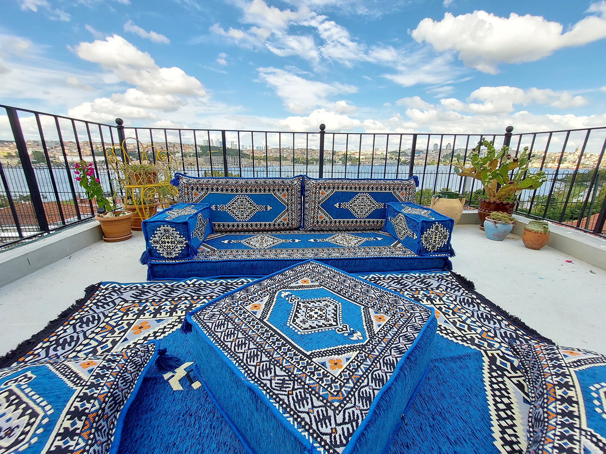 Royal Blue Floor Sofa Seating Set, Floor Cushions, Traditional Arabic Sofa, Ottoman Couch, Loveseats, Arabic Majlis, Sectional Sofa, Pouffs (Sofa Full Set)