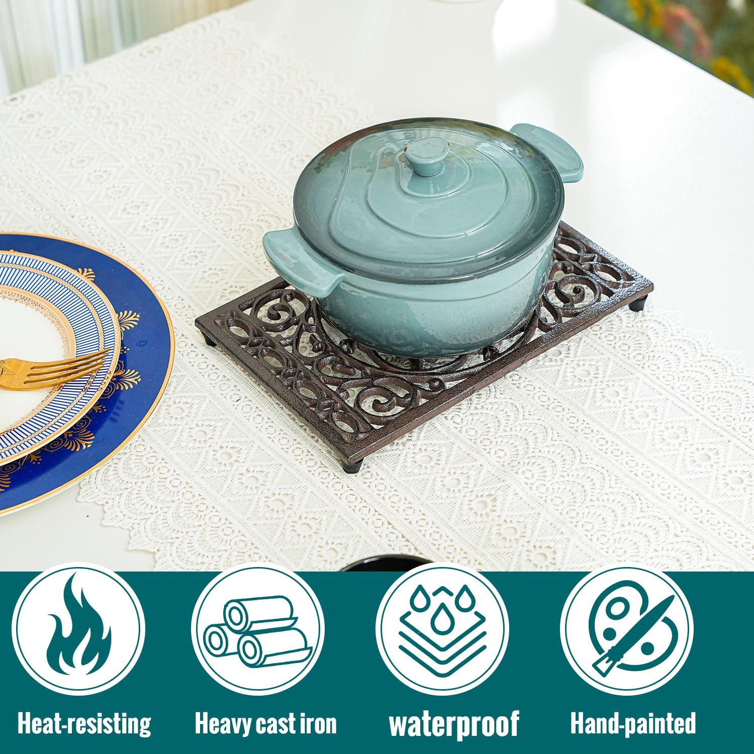 Sungmor Rectangle Cast Iron Trivets, Metal Trivet for Hot Pots and Pans, Heavy Duty Rustic Wood Stove Tea Pot Trivet, Decorative Hot Pot Holder for Kitchen Counter and Dining Table