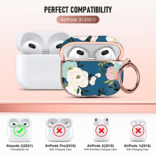 Youskin Airpod 3rd Generation Case Flower Cute,AirPod 3 Case Cover, Rose Golden Plating Airpods 3 Case for Men Women with Keychain,Shockproof Protective Case for AirPod 3,Blue Red Flower