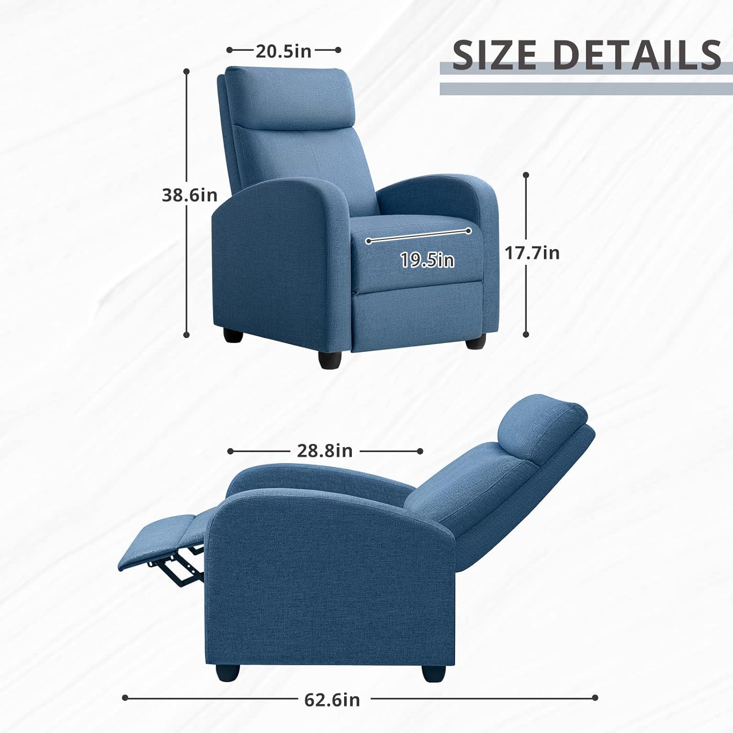 JUMMICO Recliner Chair Adjustable Home Theater Single Fabric Recliner Sofa Furniture with Thick Seat Cushion and Backrest Modern Living Room Recliners (Modern, Light-blue)