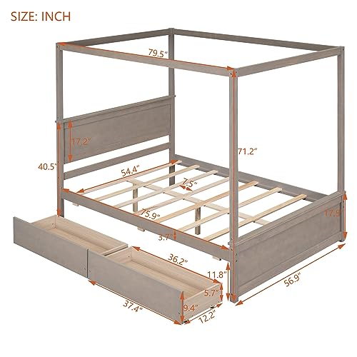 SIYSNKSI Modern Full Size Canopy Platform Bed with 2 Drawers, Wood Canopy Platform Bed with Support Slat, 4-Post Canopy Platform Bed Frame for Kids Teens Adult (Brushed Light Brown-2 Drawers)