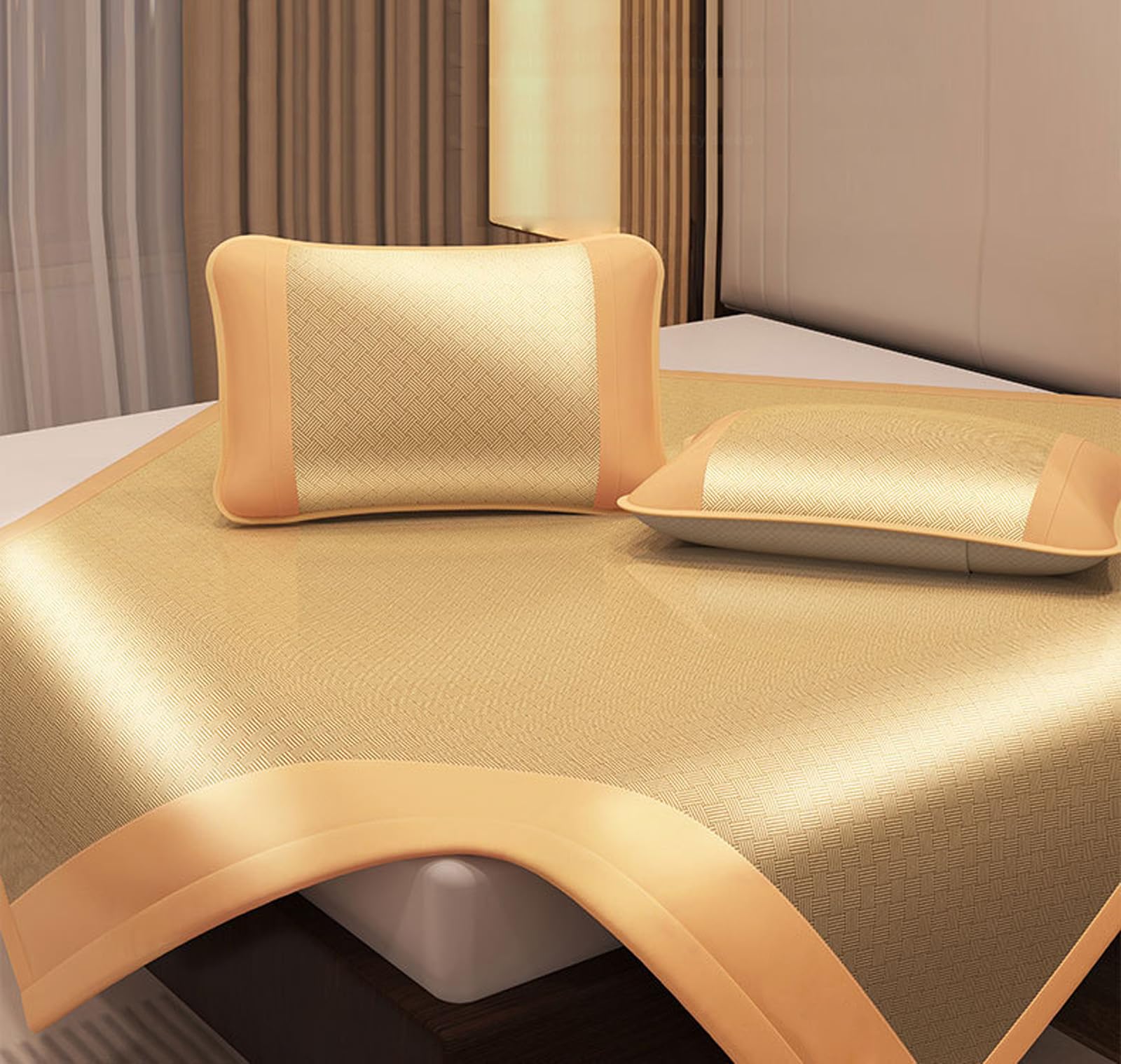Summer Sleeping Pad Ice Rattan Mat 3 Piece Set (1 Mattress + 2 Pillowcases) Summer Ice Silk Mat Washable Cooler Mattresses (Gray, 59 * 78in/150 * 200cm)